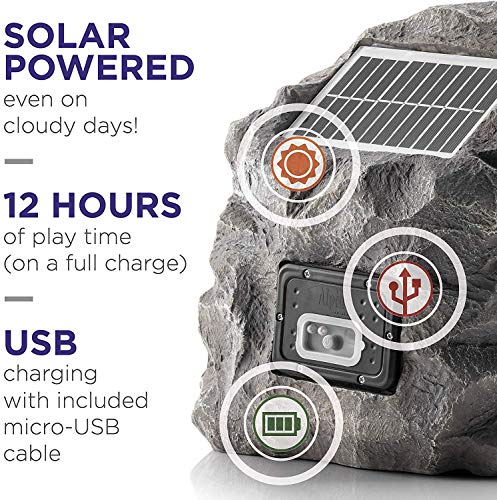 Alpine Corporation - Waterproof Bluetooth Solar-Powered Outdoor Wireless Rock Speaker β 50 Foot Range - Weatherproof, High-Fidelity Sound, Energy Efficient Solar Charging, Portable Audio System (Gray)