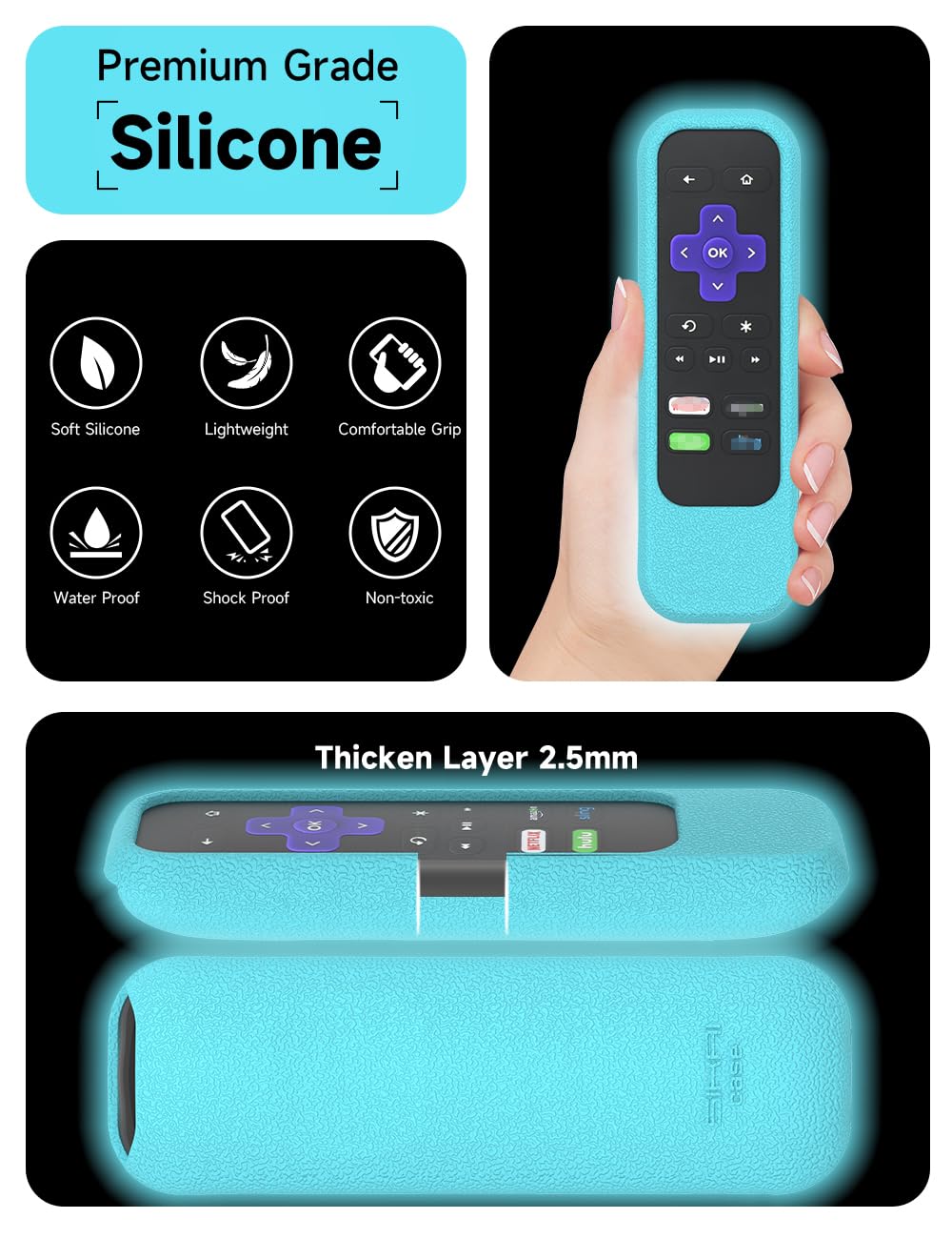 Protective Case for Roku Express HD/Express+,Roku 2 (4210R),Roku LT,Premiere,RC83,Streaming Stick RC41,3800RT,TCL TV R655 Remote Case Light Weight Shock Proof Silicone Remote Cover(Glow in Dark Blue)