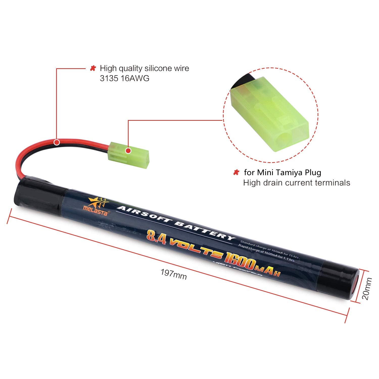 melasta 2Pack 2/3A 8.4v 1600mAh Stick NIMH Airsoft Guns Battery Pack for Mini Tamiya Connector Air Soft Butterfly Nunchuck Stick