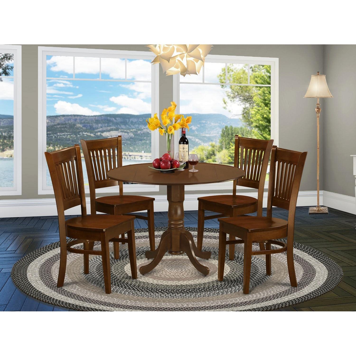 East West Furniture DLVA5-ESP-W 5 Piece Kitchen Table Set for 4 Includes a Round Dining Room Table with Dropleaf and 4 Solid Wood Seat Chairs, 42x42 Inch, Espresso