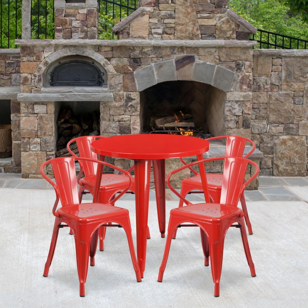 Flash Furniture Commercial Grade 30" Round Red Metal Indoor-Outdoor Table Set with 4 Arm Chairs