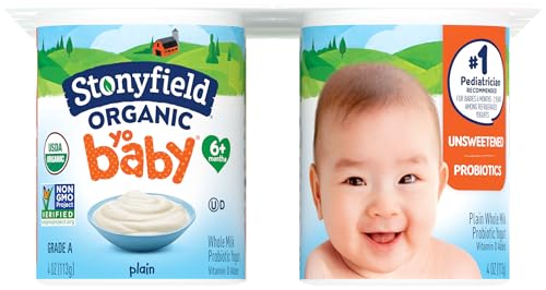 Stonyfield Organic YoBaby Whole Milk Baby Yogurt Cups with Probiotics, Plain, 4 Oz, 6 Pack