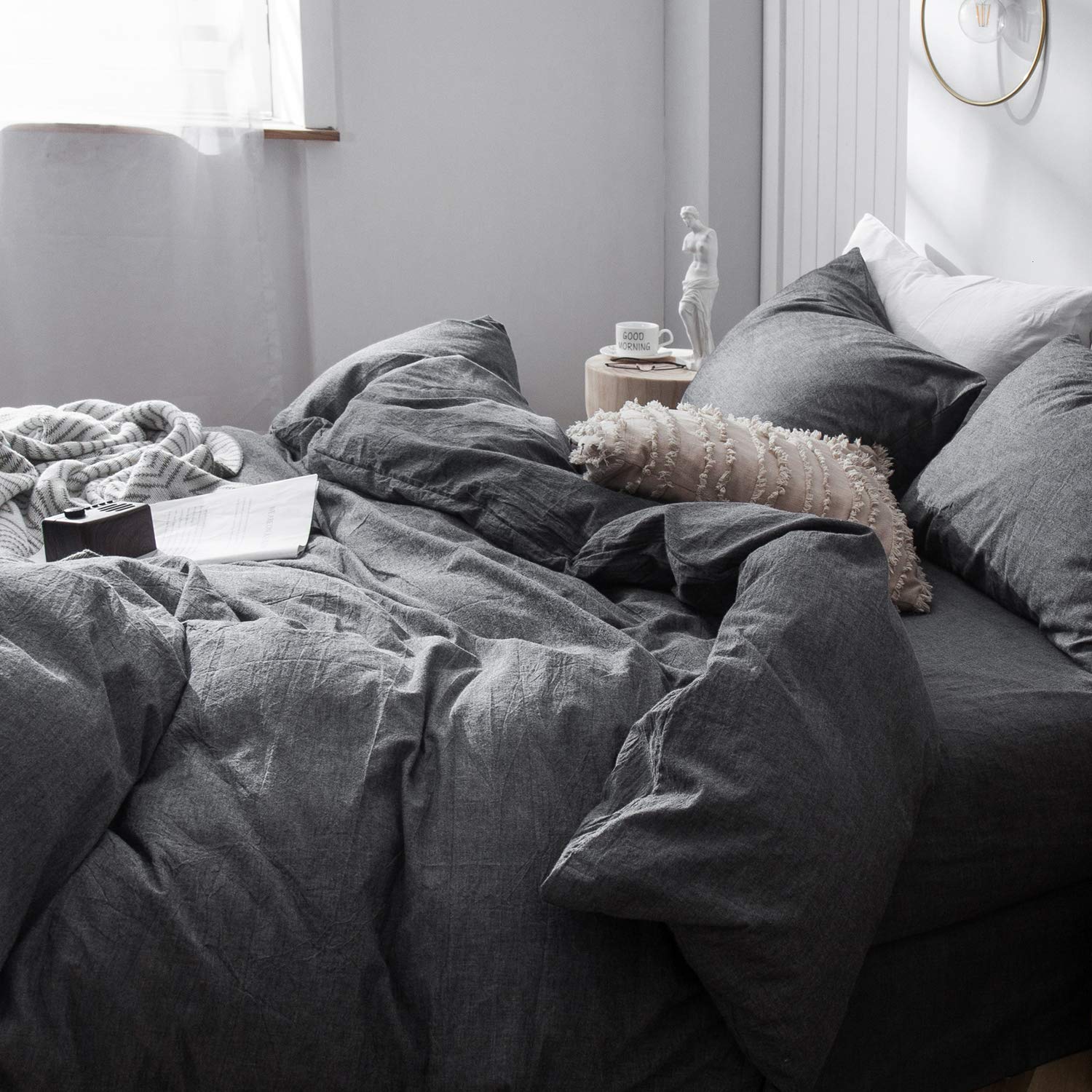 MooMee Bedding Duvet Cover Set 100% Washed Cotton Linen Like Textured Breathable Durable Soft Comfy (Dark Grey, Queen)