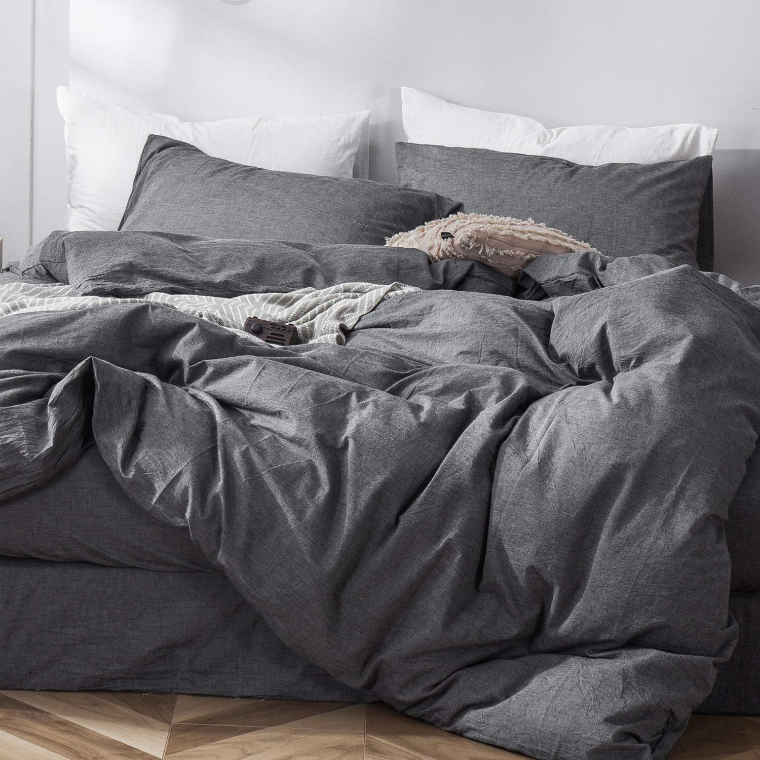 MooMee Bedding Duvet Cover Set 100% Washed Cotton Linen Like Textured Breathable Durable Soft Comfy (Dark Grey, Queen)