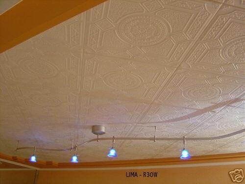 Lima R30W 20 x 20 Tin Looking Styrofoam Glue Up White Ceiling Tile by Euro-Deco Ceilings, Inc.