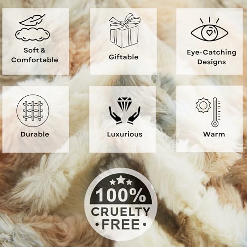 Tache 90x90 Oversized Soft Warm Tan Brown Blue Russian Lynx Faux Fur White Sherpa Bed Blanket, Full, Queen Size