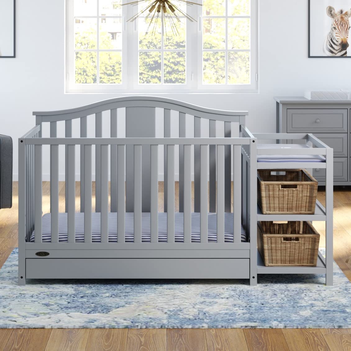 Graco Solano 4-in-1 Convertible Crib and Changer with Drawer (Pebble Gray) – Crib and Changing -Table Combo with Drawer, Includes Changing Pad, Converts to Toddler Bed, Daybed and Full-Size Bed