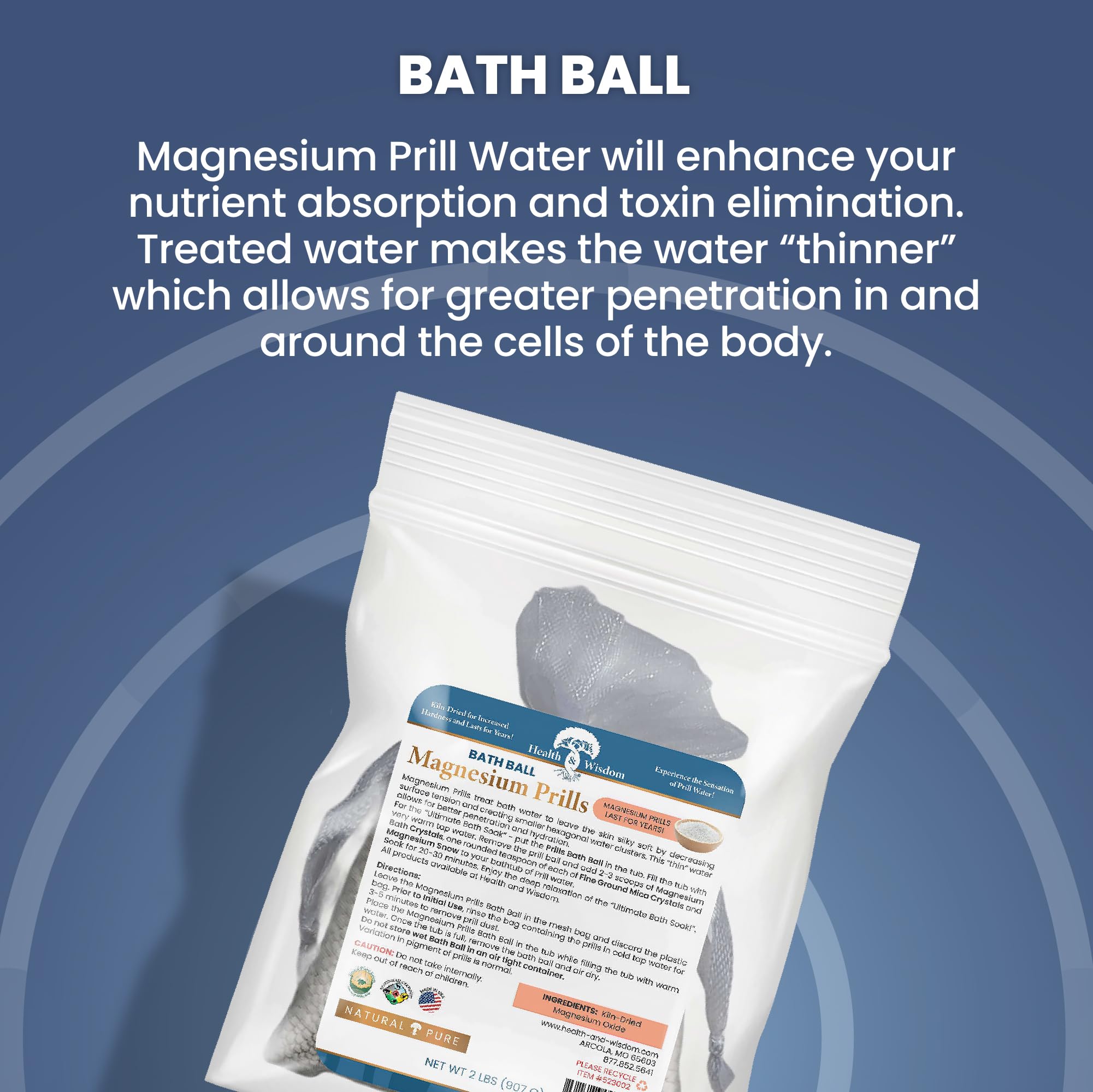 Health and Wisdom Magnesium Prills Bath Ball - Structured Water Devices, Magnesium Laundry Beads, Deionized Water, Mineral Magnesium Soak - 32 oz