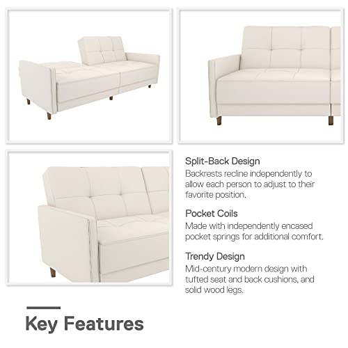 DHP Andora 76 Inch Futon Sofa Bed in Faux Leather, Modern Upholstered Couch Sleeper with Button Tufted Back and Seat, White