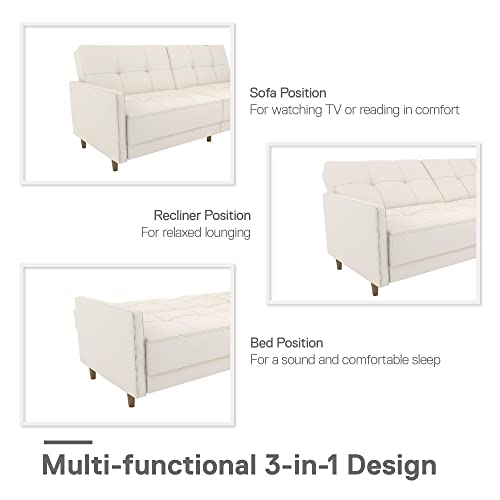 DHP Andora 76 Inch Futon Sofa Bed in Faux Leather, Modern Upholstered Couch Sleeper with Button Tufted Back and Seat, White