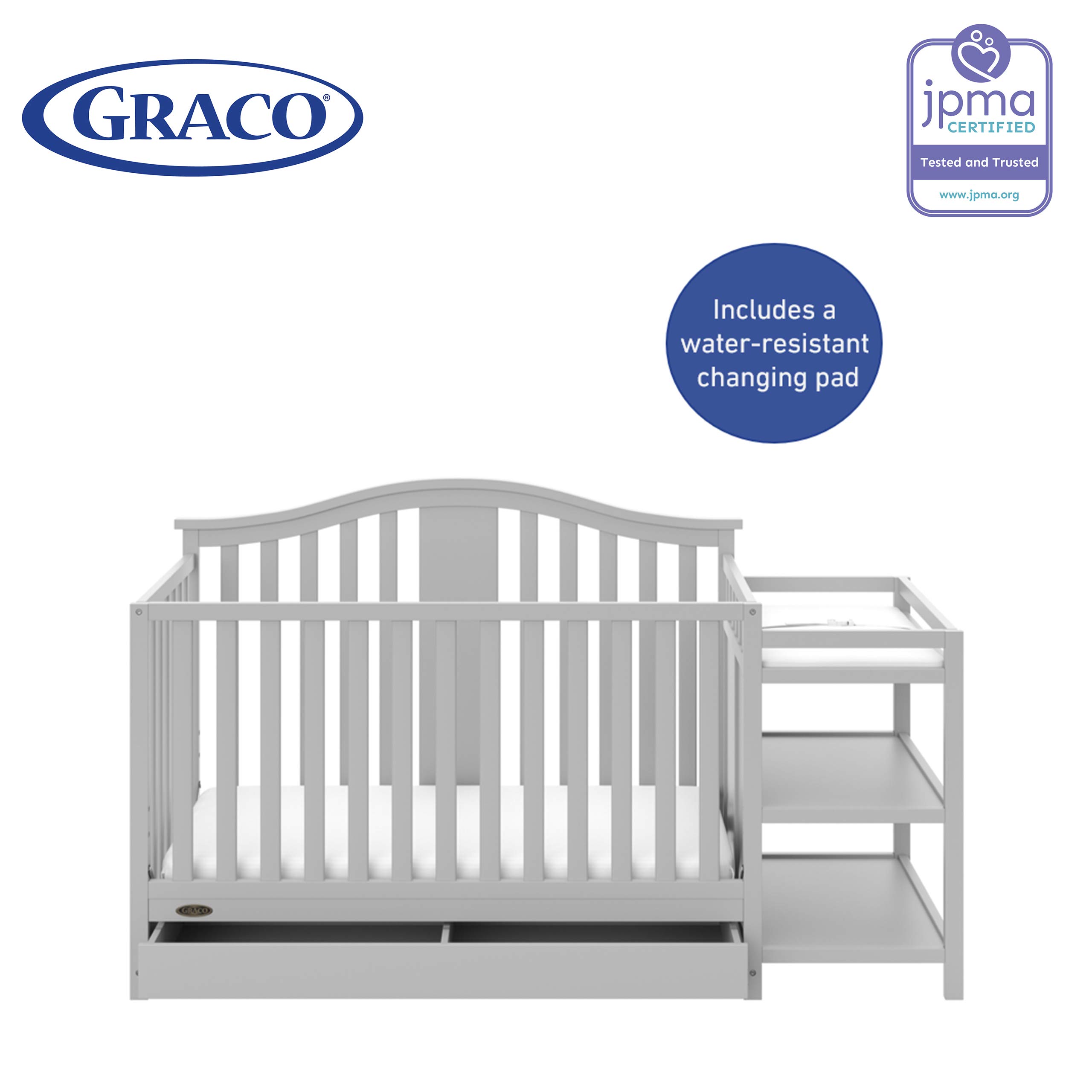 Graco Solano 4-in-1 Convertible Crib and Changer with Drawer (Pebble Gray) – Crib and Changing -Table Combo with Drawer, Includes Changing Pad, Converts to Toddler Bed, Daybed and Full-Size Bed