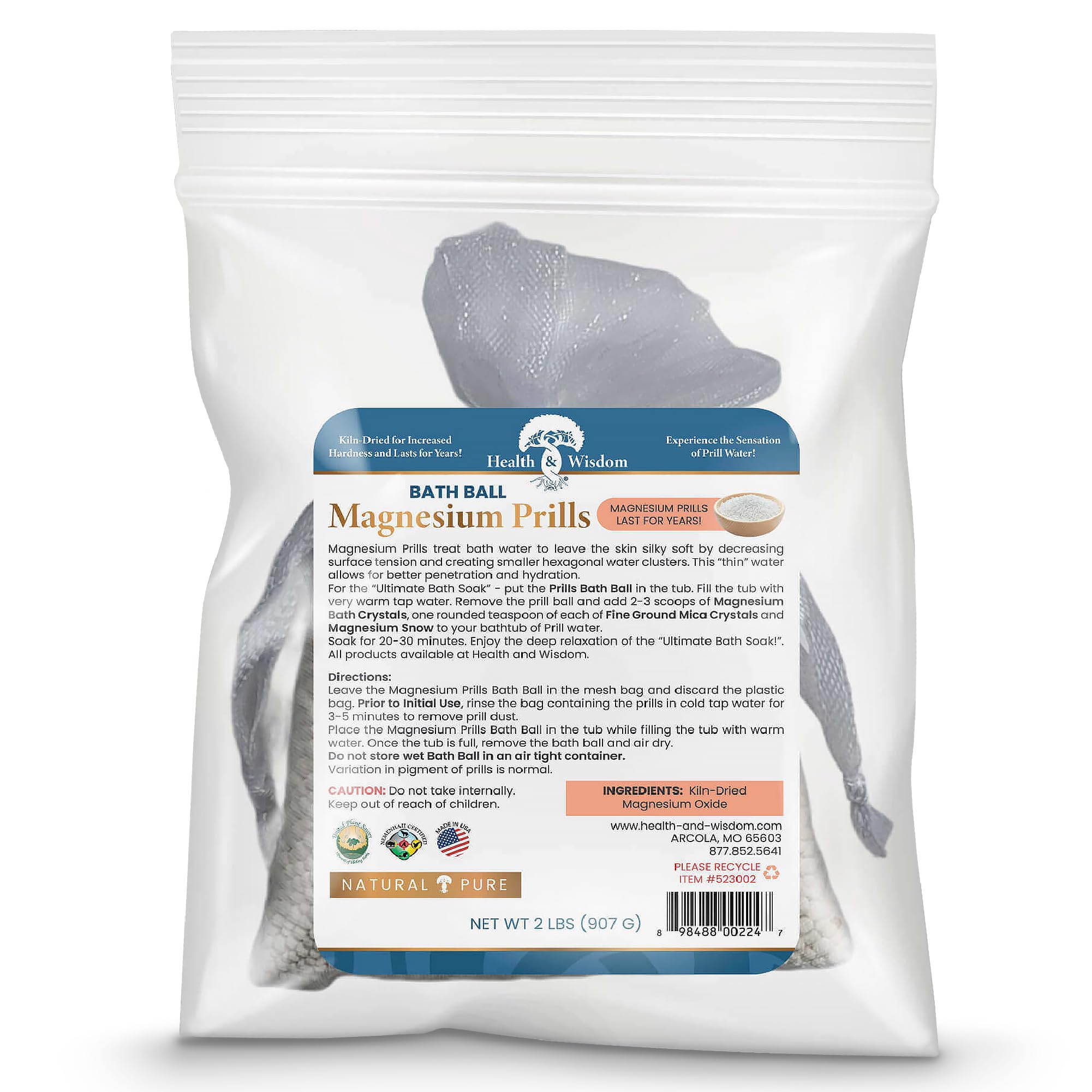 Health and Wisdom Magnesium Prills Bath Ball - Structured Water Devices, Magnesium Laundry Beads, Deionized Water, Mineral Magnesium Soak - 32 oz