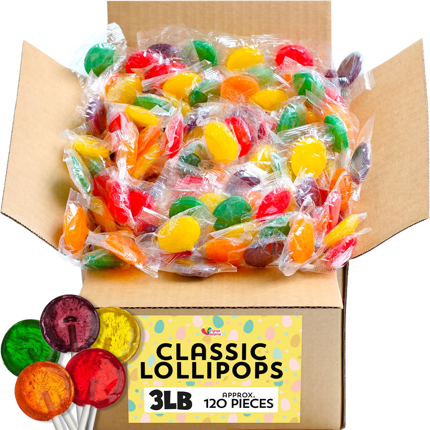 Classic Lollipops - 3 Pounds - Easter Lollipops - Individually Wrapped - Flat Round Bulk Suckers For Kids, Doctors Office, Schools, Banks