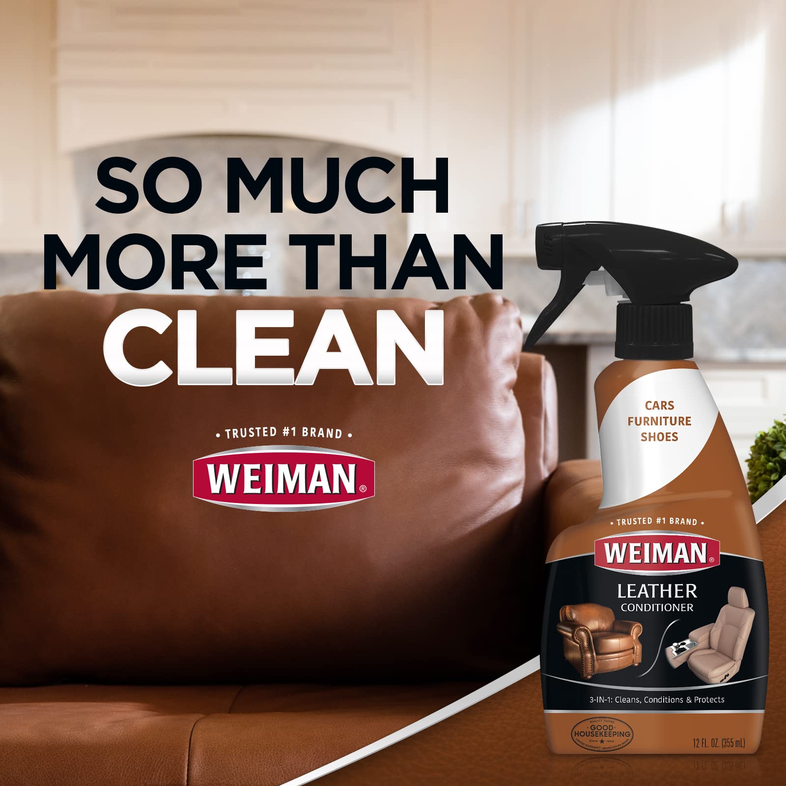 Weiman Leather Cleaner, Polish and Conditioner for Furniture, Car, Purses, Shoes, Boots and Couches- Micro Fiber Towel Included, 22oz