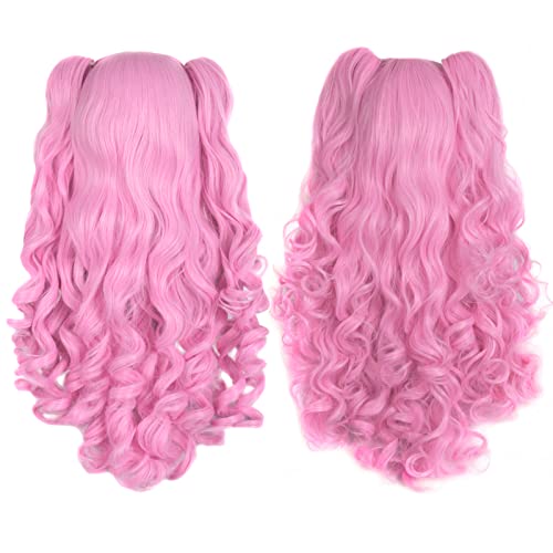 MapofBeauty 28"/70cm Lolita Long Curly Clip On Ponytails Cosplay Wig(Pink)