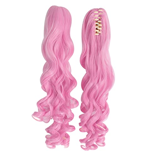 MapofBeauty 28"/70cm Lolita Long Curly Clip On Ponytails Cosplay Wig(Pink)