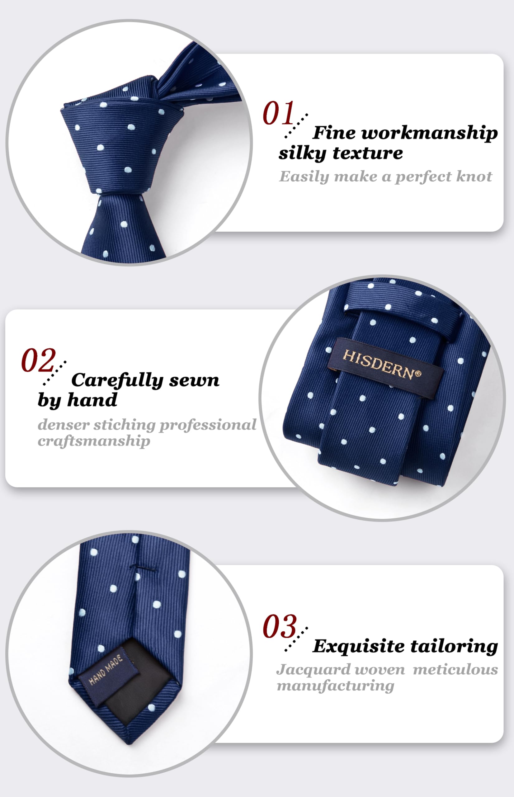 HISDERN Navy Blue Ties for Men Formal Business Woven Silk Tie and Pocket Square Classic Polka Dot Ties for Men Wedding Party Neckties Handkerchief Set