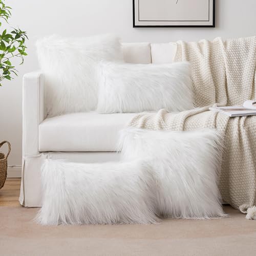 MIULEE Pack of 2 Decorative Faux Fur Throw Pillow Covers New Luxury Series Style Fluffy Pillow Case Cushion Cover for Sofa Bedroom Car White 18 x 18 Inch