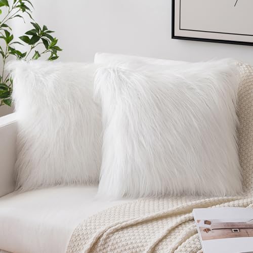 MIULEE Pack of 2 Decorative Faux Fur Throw Pillow Covers New Luxury Series Style Fluffy Pillow Case Cushion Cover for Sofa Bedroom Car White 18 x 18 Inch
