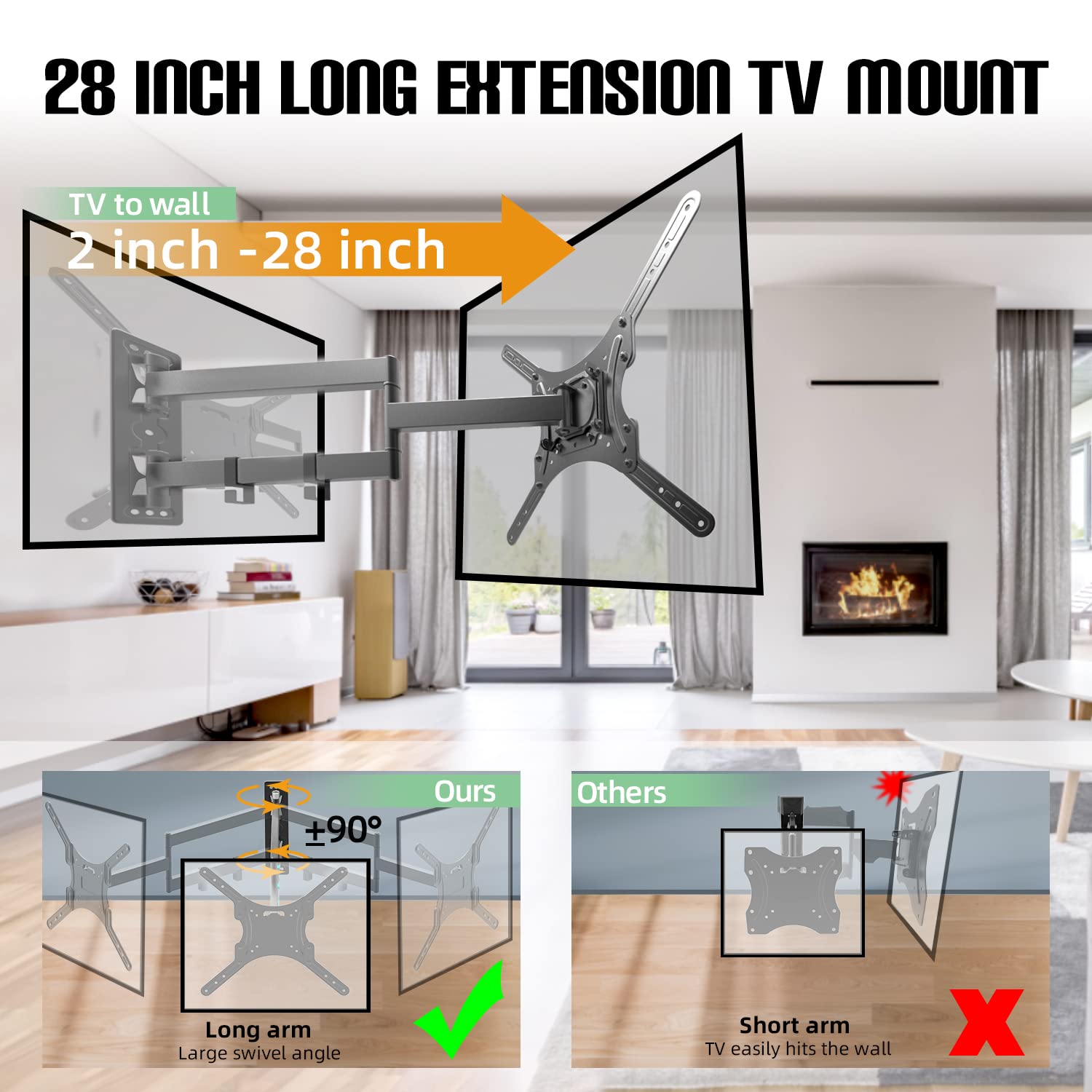 Mount Plus MP-L28-400 Long Arm Full Motion TV Wall Bracket with 28 inch Extension Articulating Arm | Fits Screen Sizes 23 to 55 Inch | VESA 400x400mm Compatible (28" Extension 19" to 55" TV)