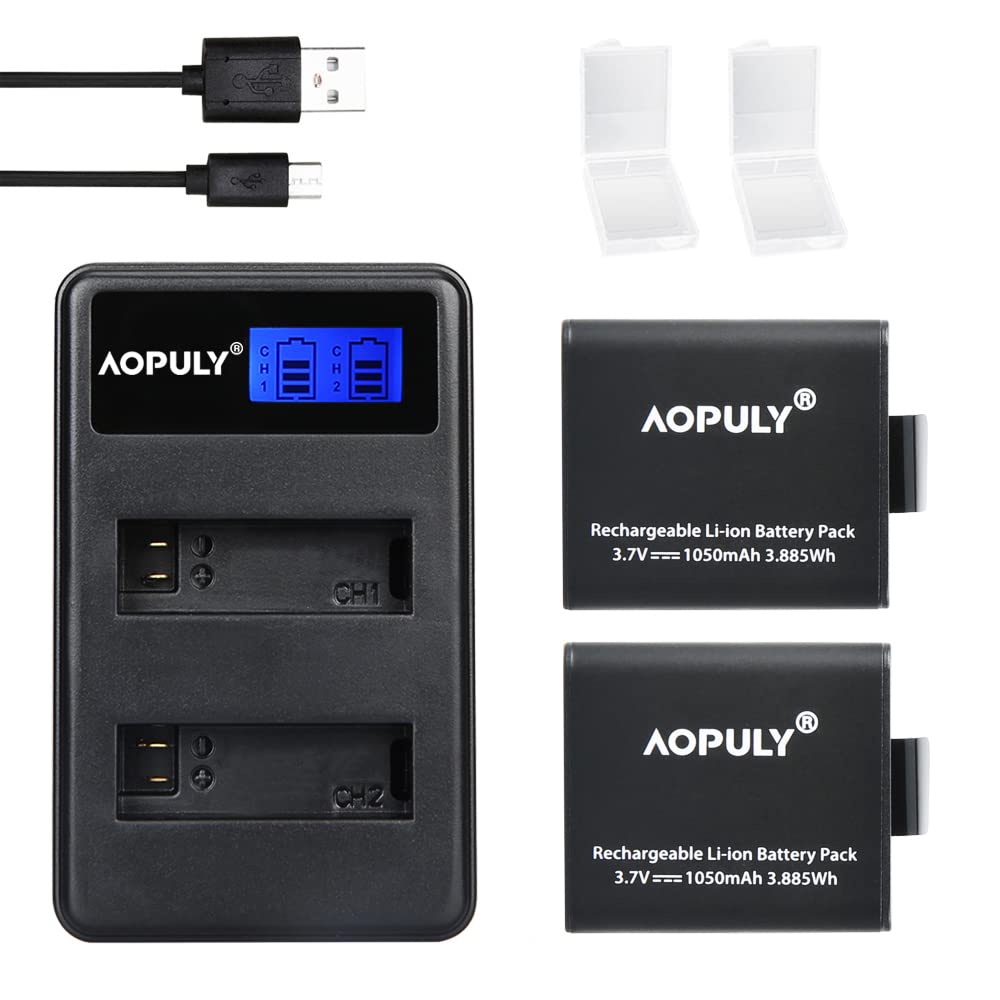 AOPULY 4-Pack PG1050 Rechargeable Action Camera Battery & LCD Dual Charger for 4k Action Camera AKASO EK7000, APEMAN, EKEN, Campark, SOOCOO, DBPOWER, Crosstour, FITFORT, DROGRACE