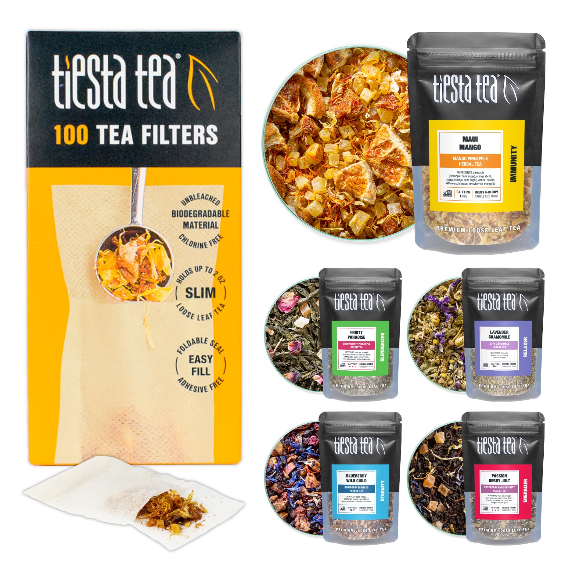 Tiesta Tea - Loose Leaf Kit | Premium Starter Kit Sampler | High to Non Caffeinated | Make Hot & Iced Brews | Starter Set with Black, Green, Herbal Sample Bags and 100 Disposable Tea Filters