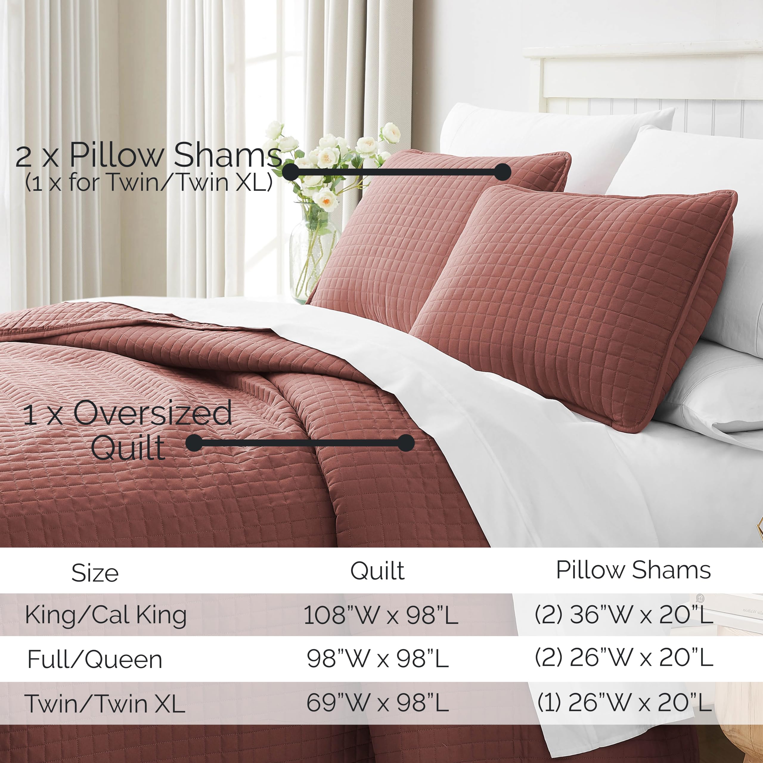 Southshore Fine Living, Inc. Twin XL Quilt Set with Pillow Sham, Quilted Twin Bedspread, Coverlet, Oversized Bed Quilt for Full Coverage, Soft and Comfy, Easy Care, Machine Washable, Marsala