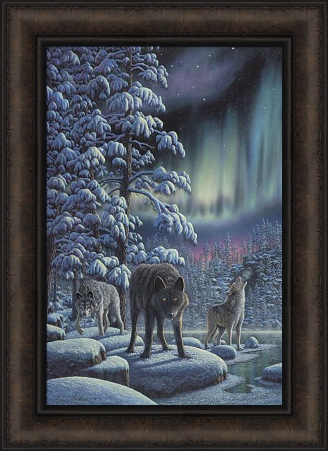 Rivers of Life, Aurora Bliss and Fire & Ice Trilogy by Kim Norlien 3 Framed Print Grouping Northern Lights Wolves Log Cabin Winter Full Moon Stars Campfire Art Print Pictures