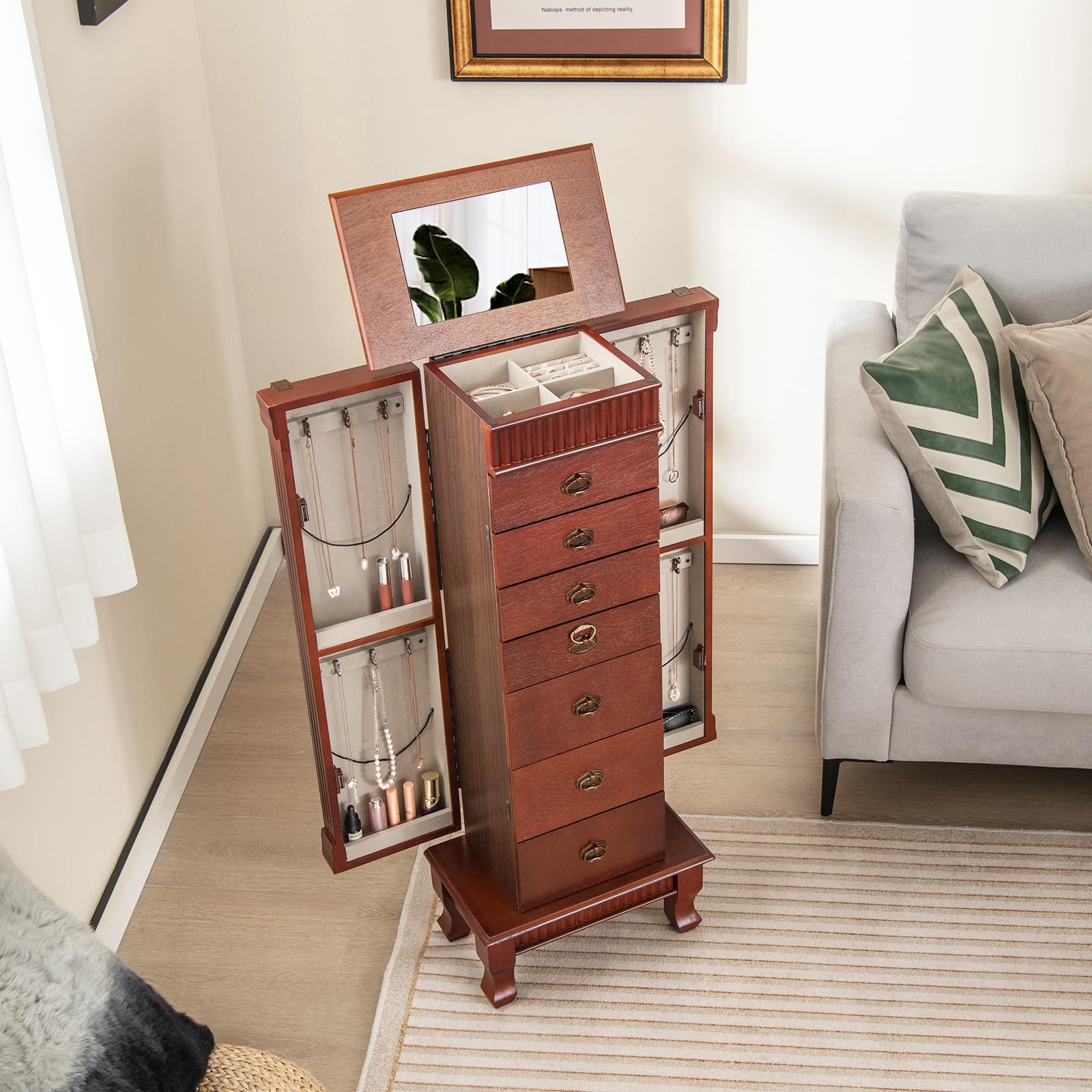 Giantex Standing Jewelry Armoire Cabinet Storage Chest with 7 Drawers, 2 Side Doors, 12 Necklace Hooks, Makeup Mirror and Top Divided Storage Organizer, Large Standing Jewelry Armoire