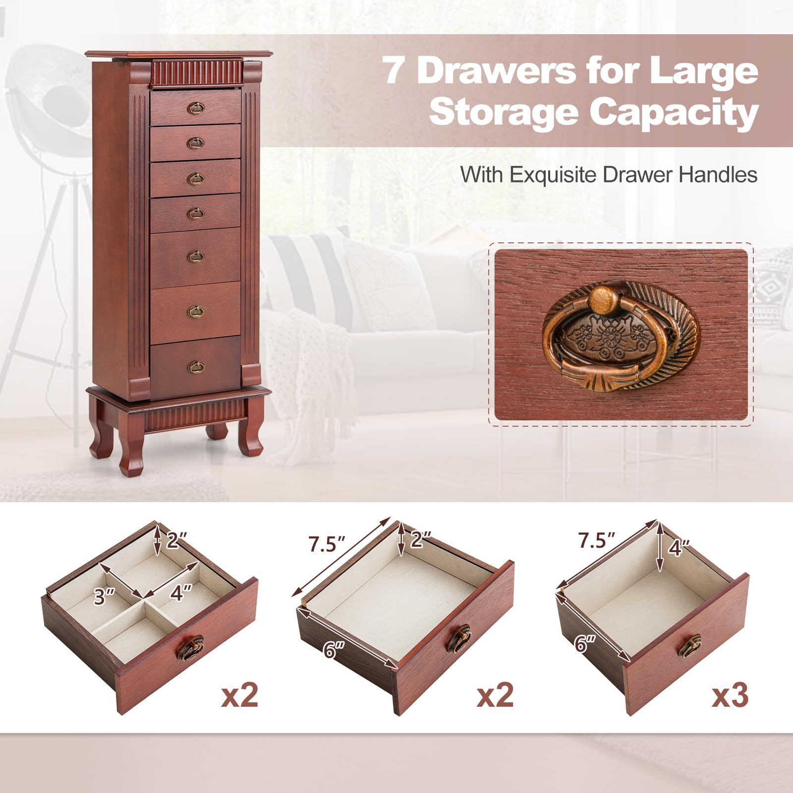 Giantex Standing Jewelry Armoire Cabinet Storage Chest with 7 Drawers, 2 Side Doors, 12 Necklace Hooks, Makeup Mirror and Top Divided Storage Organizer, Large Standing Jewelry Armoire