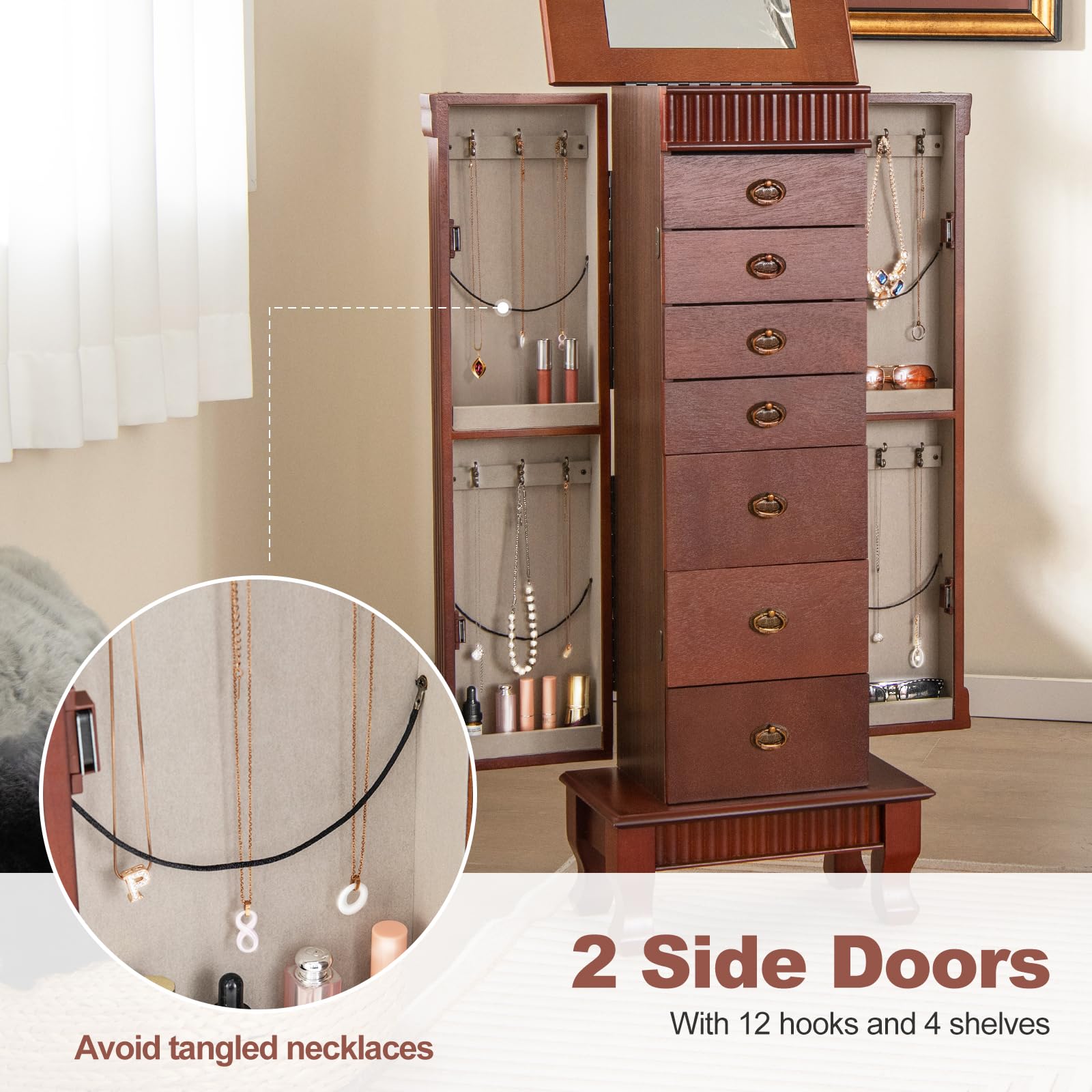 Giantex Standing Jewelry Armoire Cabinet Storage Chest with 7 Drawers, 2 Side Doors, 12 Necklace Hooks, Makeup Mirror and Top Divided Storage Organizer, Large Standing Jewelry Armoire