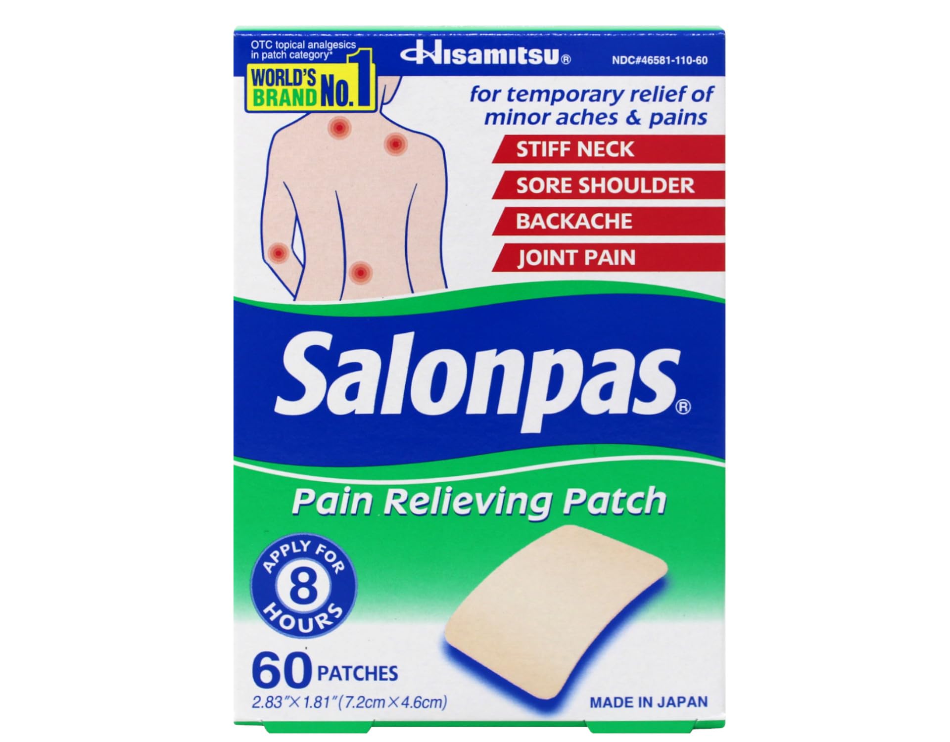 Salonpas Pain Relieving Patch, Extra Strength Topical Analgesic, 60 ct (Pack of 2)
