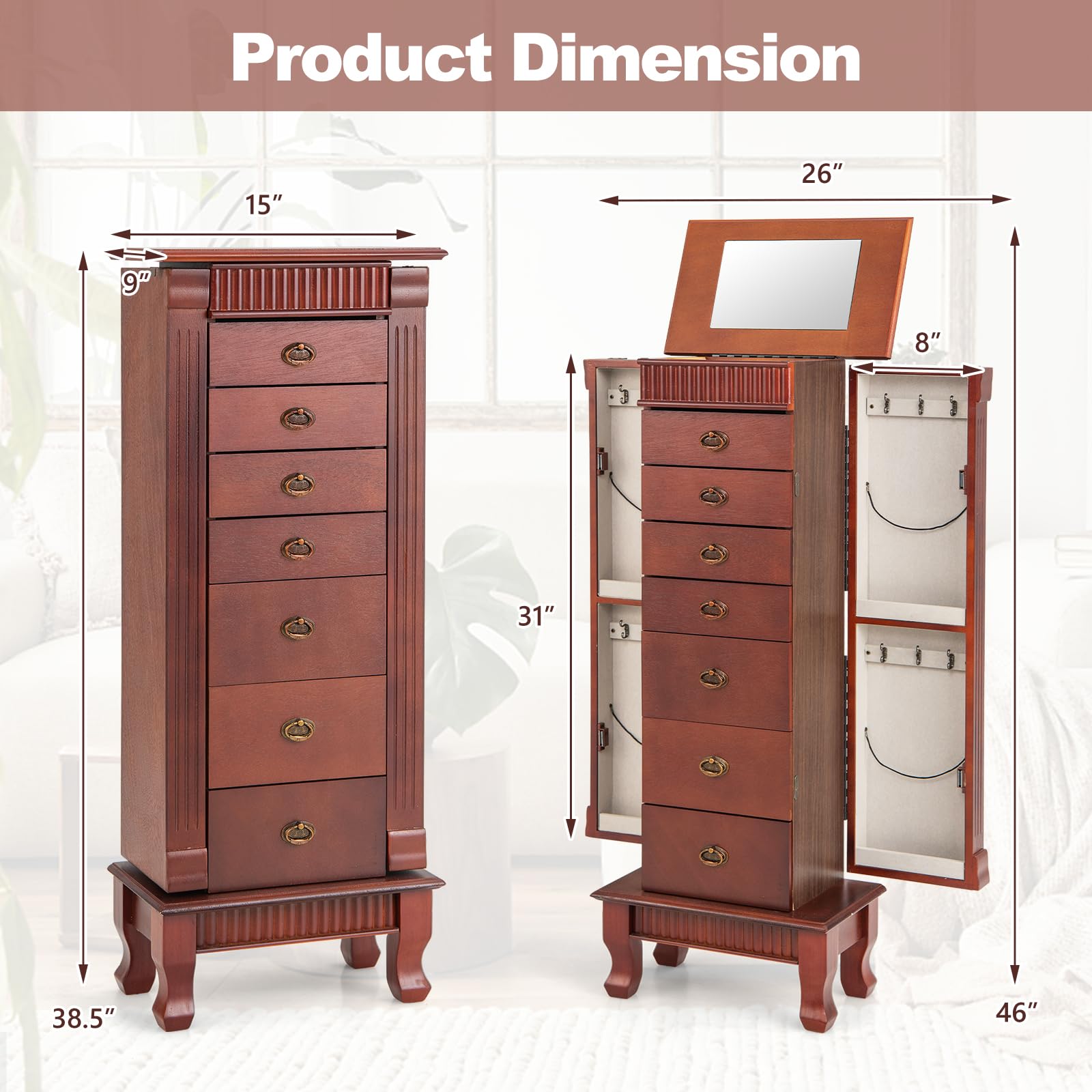 Giantex Standing Jewelry Armoire Cabinet Storage Chest with 7 Drawers, 2 Side Doors, 12 Necklace Hooks, Makeup Mirror and Top Divided Storage Organizer, Large Standing Jewelry Armoire