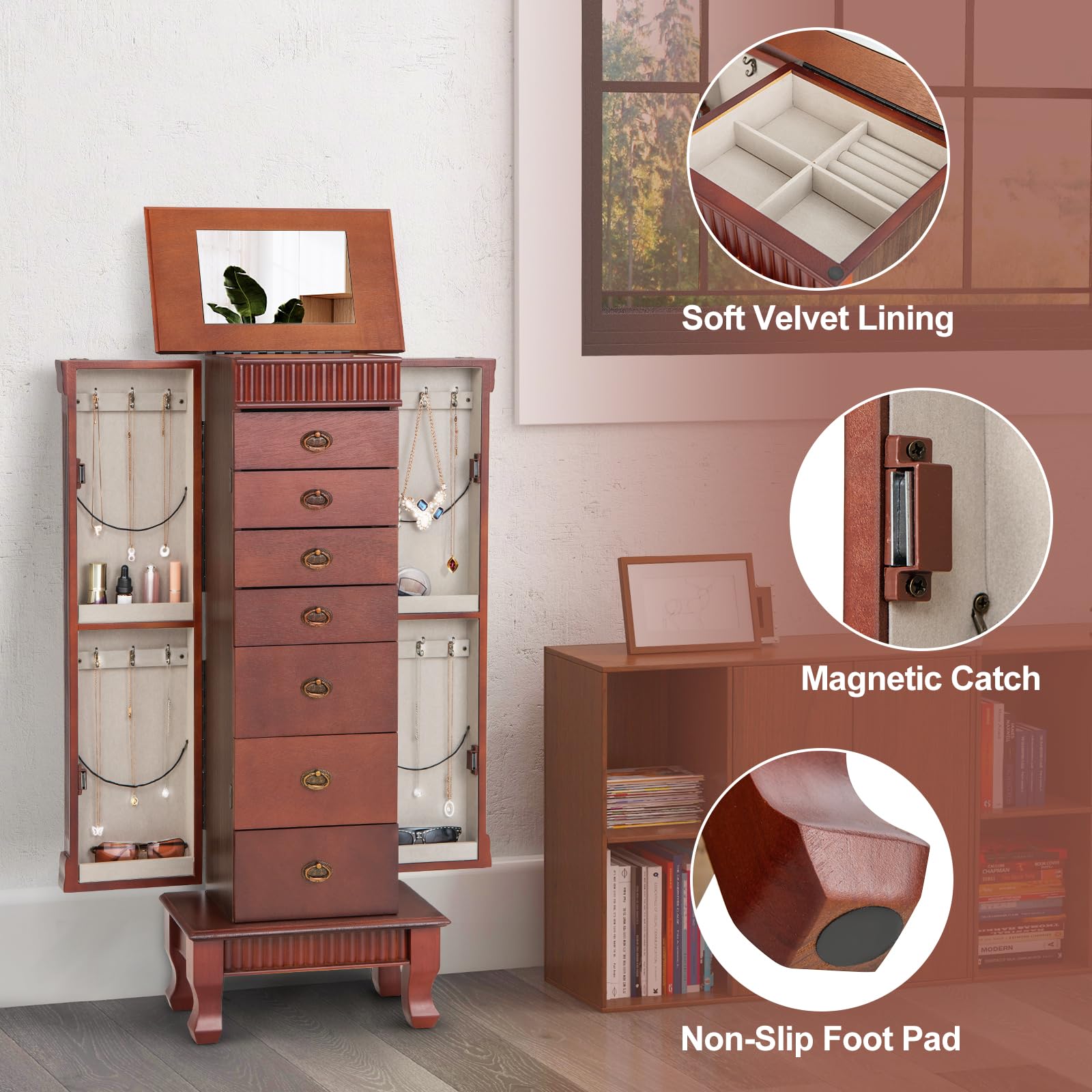 Giantex Standing Jewelry Armoire Cabinet Storage Chest with 7 Drawers, 2 Side Doors, 12 Necklace Hooks, Makeup Mirror and Top Divided Storage Organizer, Large Standing Jewelry Armoire