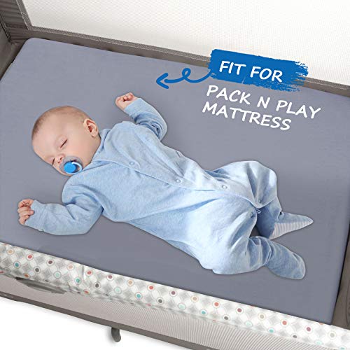 Pack n Play Sheets Fitted 2 Pack for Dream On Me Play Yard, Mini Crib Sheets Set for Baby Girls Boys, Portable Playard Sheet, Ultra Soft Microfiber Pack n Play Mattress Sheet, Grey and Navy
