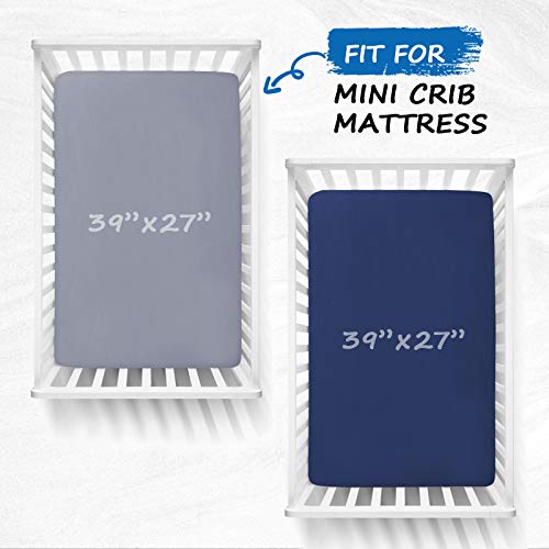 Pack n Play Sheets Fitted 2 Pack for Dream On Me Play Yard, Mini Crib Sheets Set for Baby Girls Boys, Portable Playard Sheet, Ultra Soft Microfiber Pack n Play Mattress Sheet, Grey and Navy