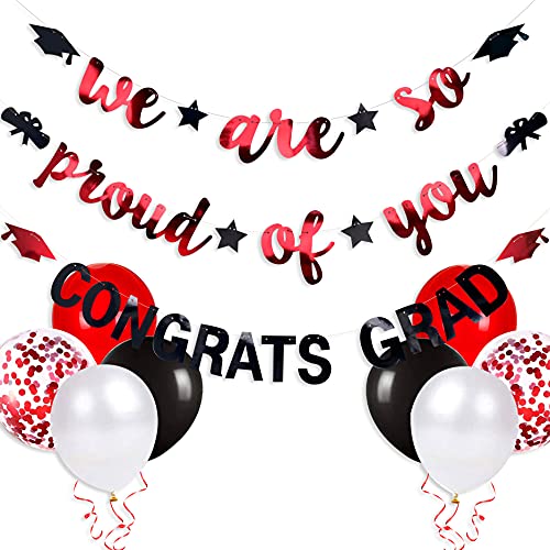Red Black 2023 Graduation Party Decorations We are So Proud of You Congrats Grad Graduation Banner Graduation Cap Diploma Star Garland Backdrop for Congratulations 2023 Grad Party Supplies