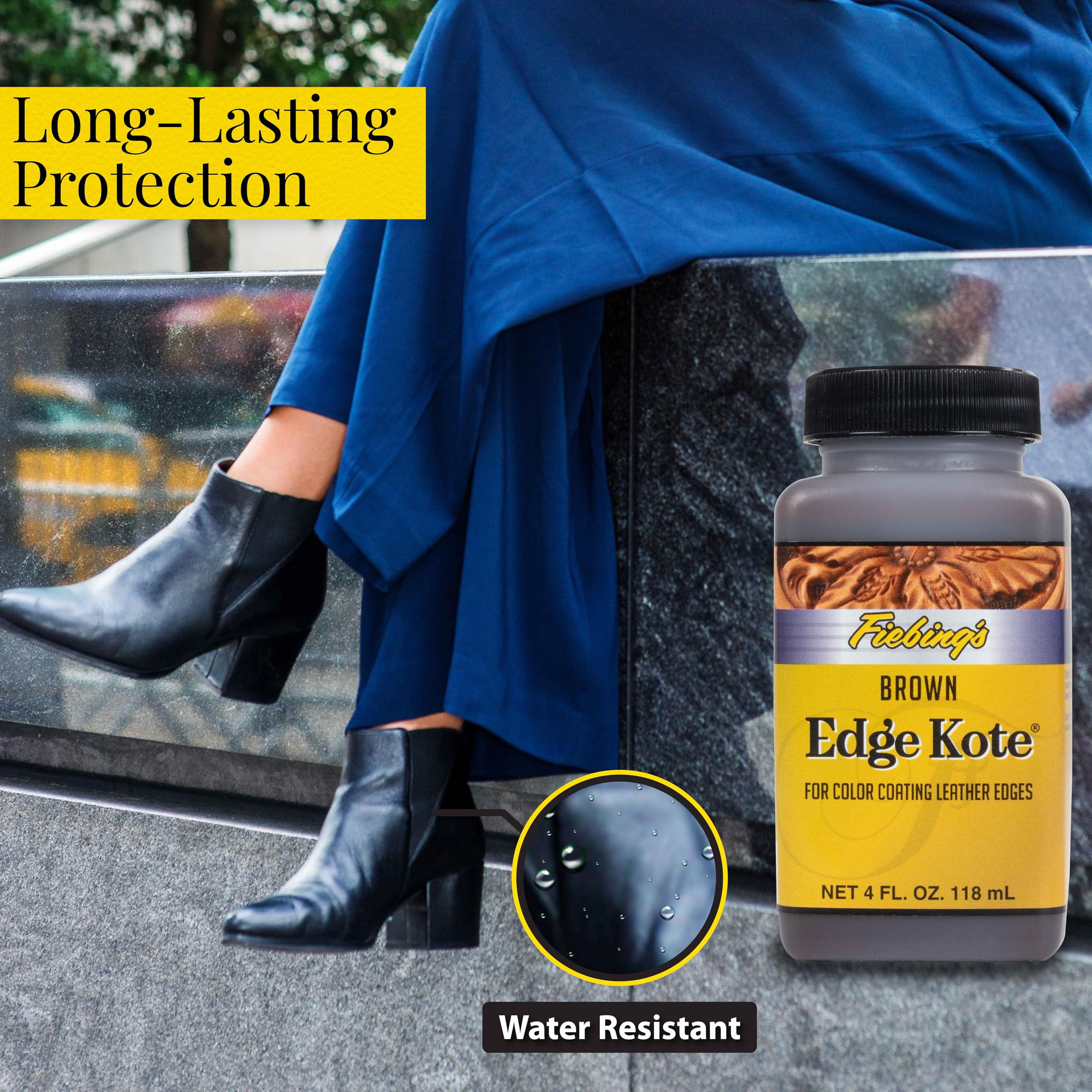 Fiebing's Edge Kote (4oz, Brown) - Leather Edge Paint for Shoes, Furniture, Purses, Couches, Belts - Flexible, Water Resistant, Semi Gloss Color Coating Leather Dye to Protect Natural Edges