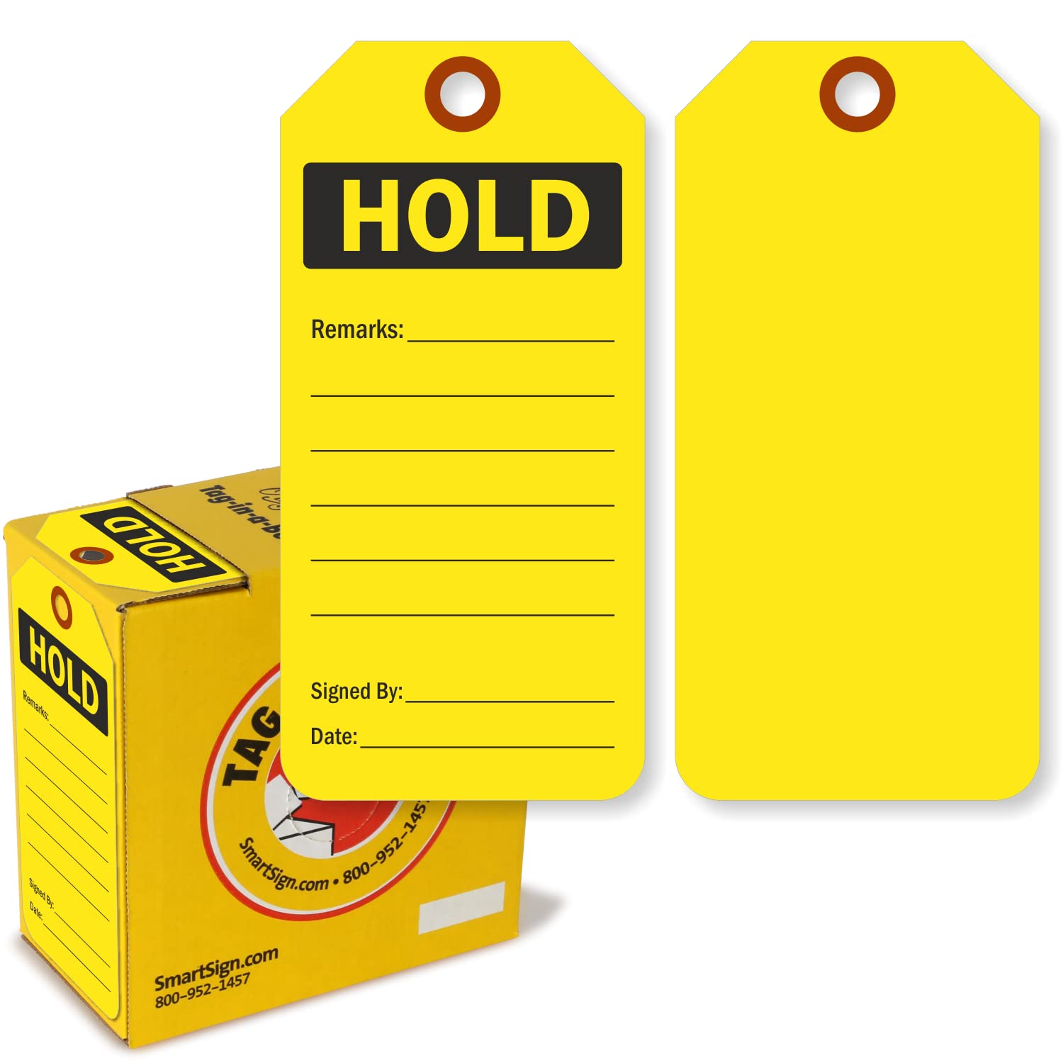 SmartSign Pack of 100 Hold Tags in Dispenser Box | 3" x 6.25" Fluorescent Cardstock, Tear Resistant Fiber Patch, Yellow