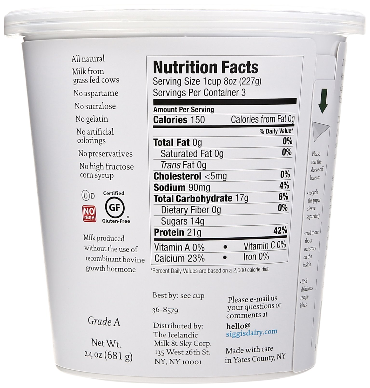 siggi’s Icelandic Strained Nonfat Yogurt, Vanilla, 24 oz. – Thick, Protein-Rich Yogurt Snack