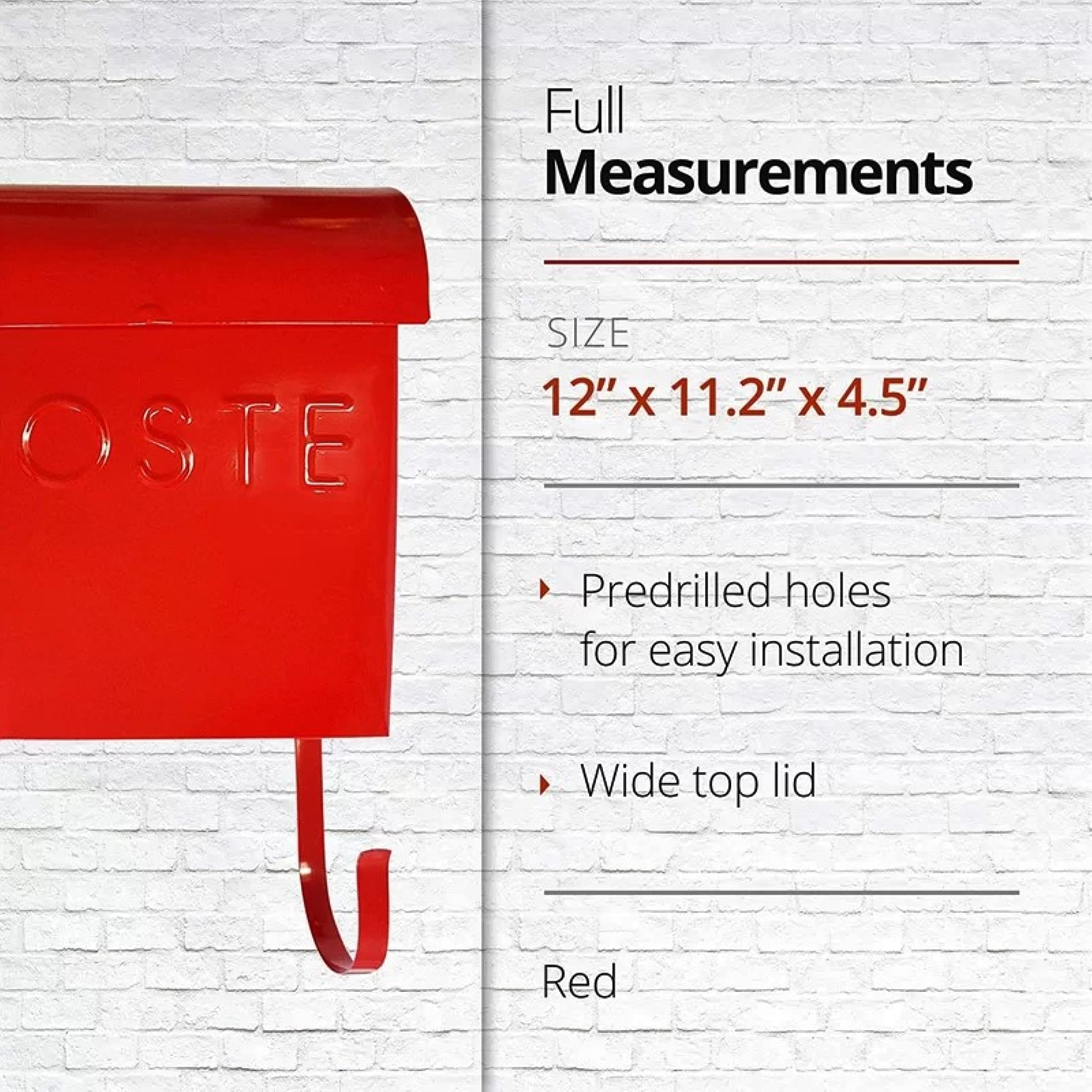 NACH Mailboxes for Outside Wall Mount, 12 x 11.2 x 4.5 inch, Red Wall Mounted Mailbox, Waterproof Mailbox with Outdoor Newspaper Holder - The French Euro Mailbox