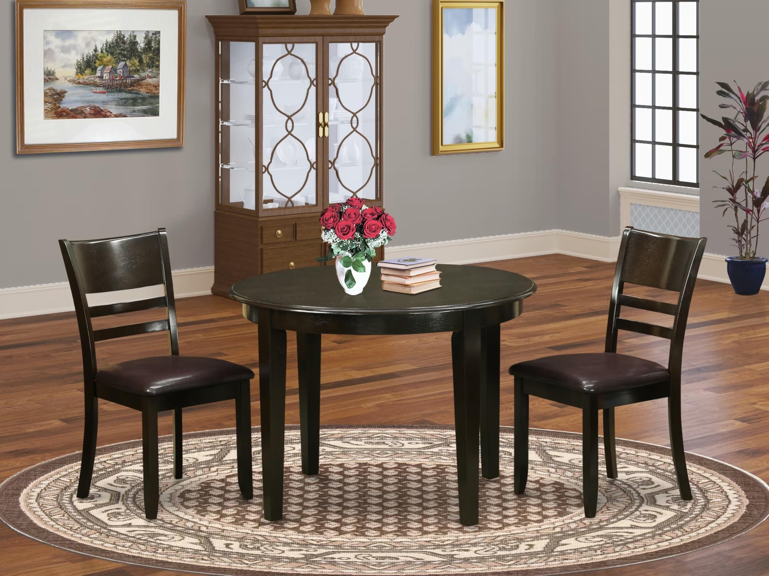 East West Furniture BOLY3-CAP-LC 3 Piece Dining Room Table Set Contains a Round Kitchen Table and 2 Faux Leather Upholstered Dining Chairs, 42x42 Inch, Cappuccino