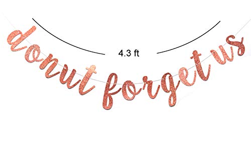 Donut Forget Us Banner for Going Away Bachelorette Graduation Party Decorations Pre-strung Garland (Rose Gold Glitter)