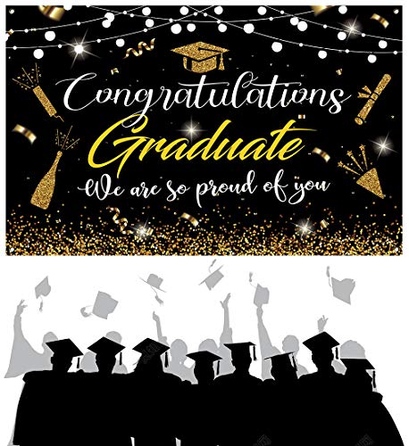 2023 Graduation Party Supplies Graduation Banner Black and Gold Large 71” x 45” Backdrop with Congrats Grad Graduation Decorations Indoor Outdoor