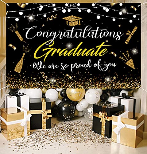 2023 Graduation Party Supplies Graduation Banner Black and Gold Large 71” x 45” Backdrop with Congrats Grad Graduation Decorations Indoor Outdoor