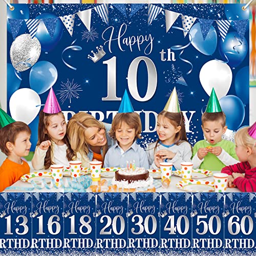 10th Birthday Banner Backdrop,BTZO Happy 10th Birthday Decorations,Blue Silver Fabric Photo Backdrop Background for Boys and Girls 10th Birthday Party,70.8 x 43.3Inch