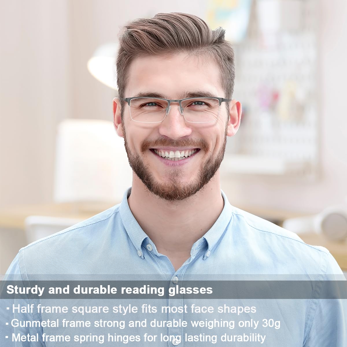 EYECEDAR 5-Pack Reading Glasses for Men Metal Half Frame Rectangular Style Spring Hinges Eyeglasses Mens Readers 2.50