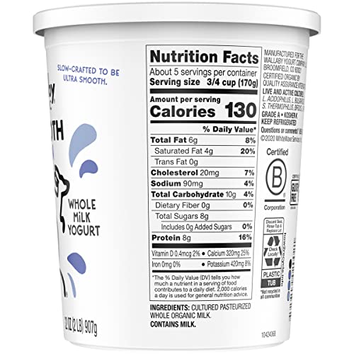 Wallaby Organic Aussie Smooth Whole Milk Regular Yogurt, Plain, USDA Organic, 32 oz.