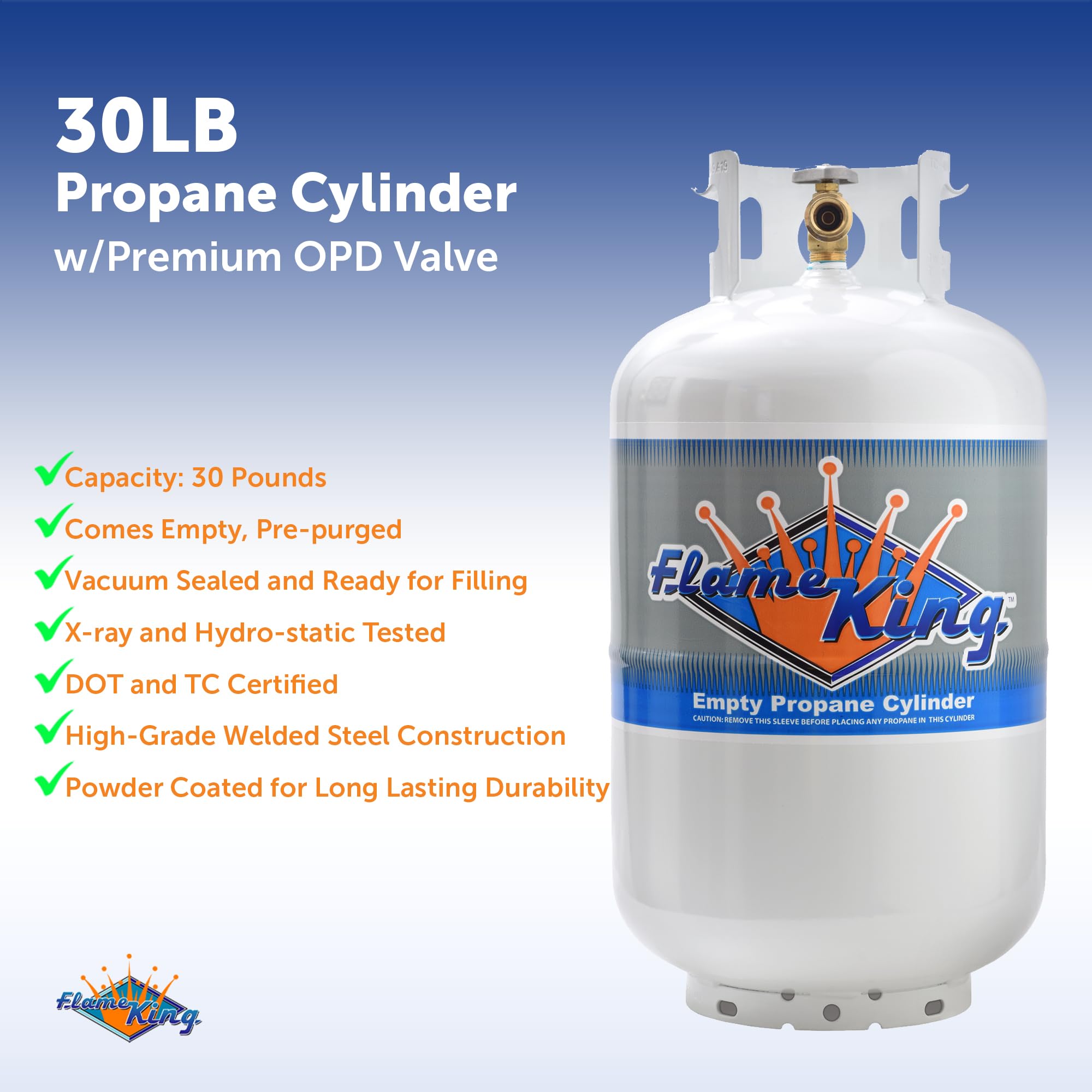 Flame King YSN-301 30 Pound Steel Propane Tank Cylinder with Type 1 Overflow Protection Device Valve DOT and TC Compliant