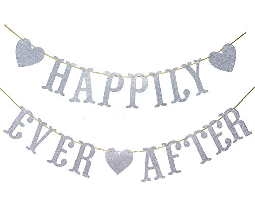 Happily Ever After Glitter Bunting Banner, Engagement, Bridal Shower, Wedding Party Decorations(Silver)